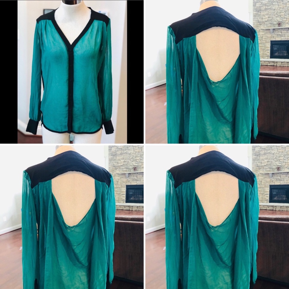 Beautiful Sheer Open Back Color Block Shirt - Gem